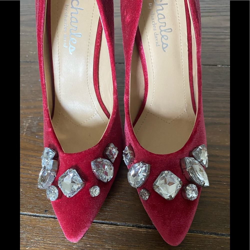 Anthro Charles David Red Velvet Maxx Crystal Pumps - Gem